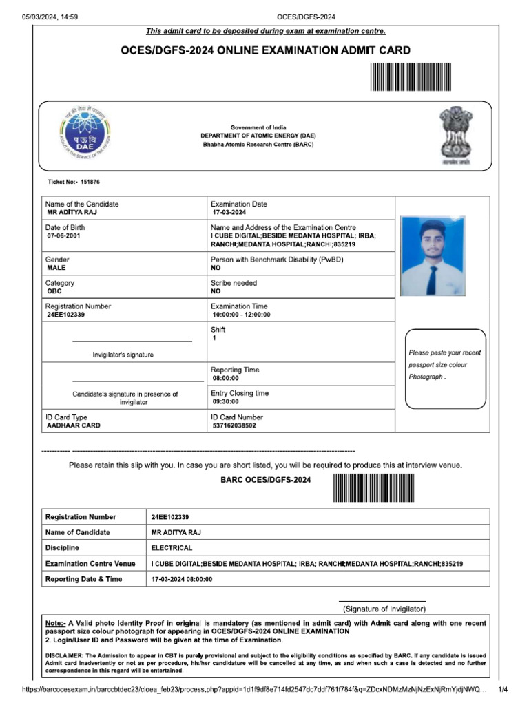 BARC Admit Card | PDF