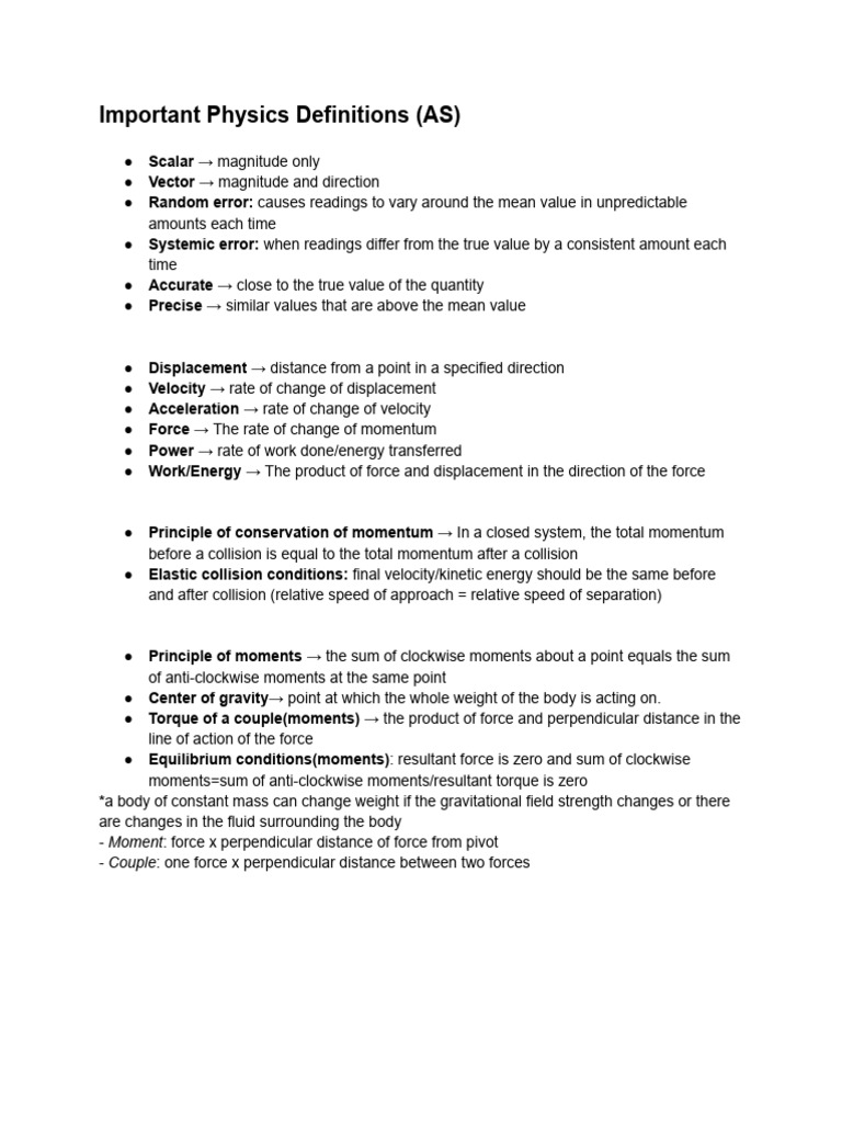 Important Physics Definitions (AS) | PDF | Force | Torque