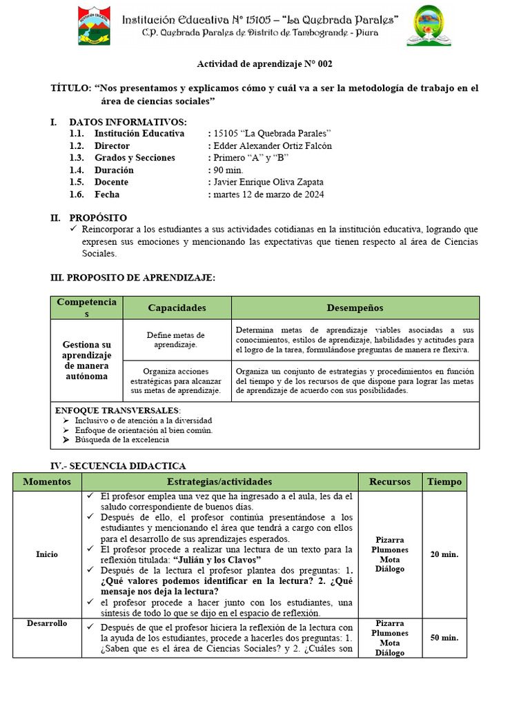 Sesión de Aprendizaje #1 | PDF | Maestros | Aprendizaje