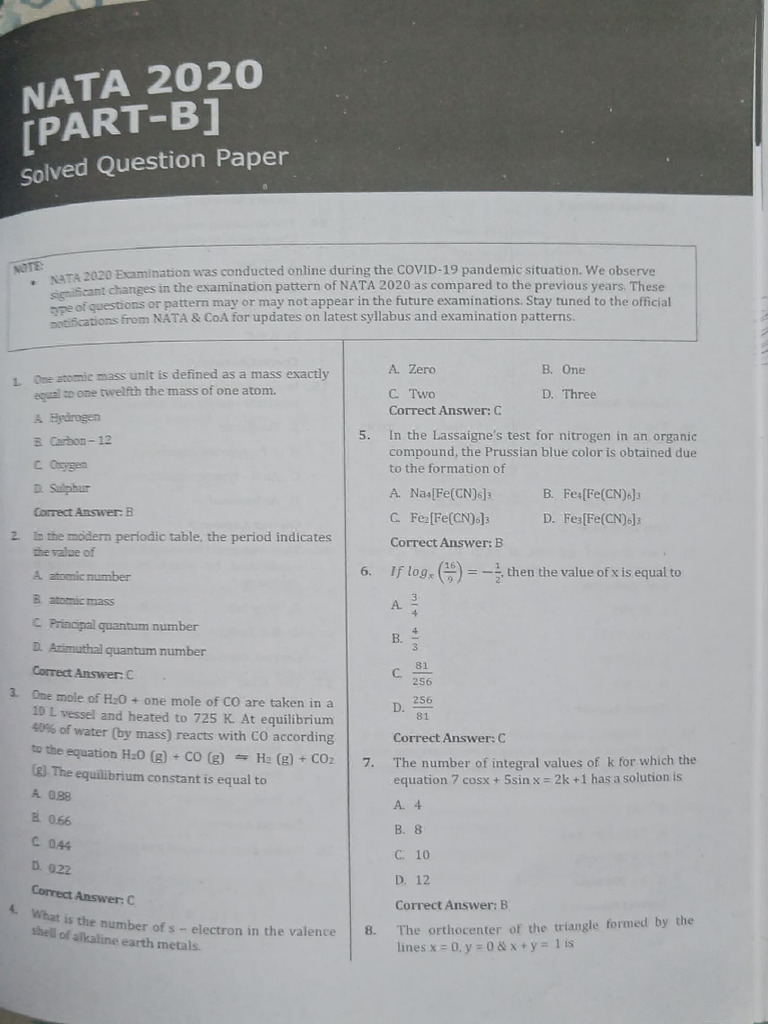 Nata 2 0 2 0: Solved Question Paper | PDF | Semiconductors | Mole (Unit)