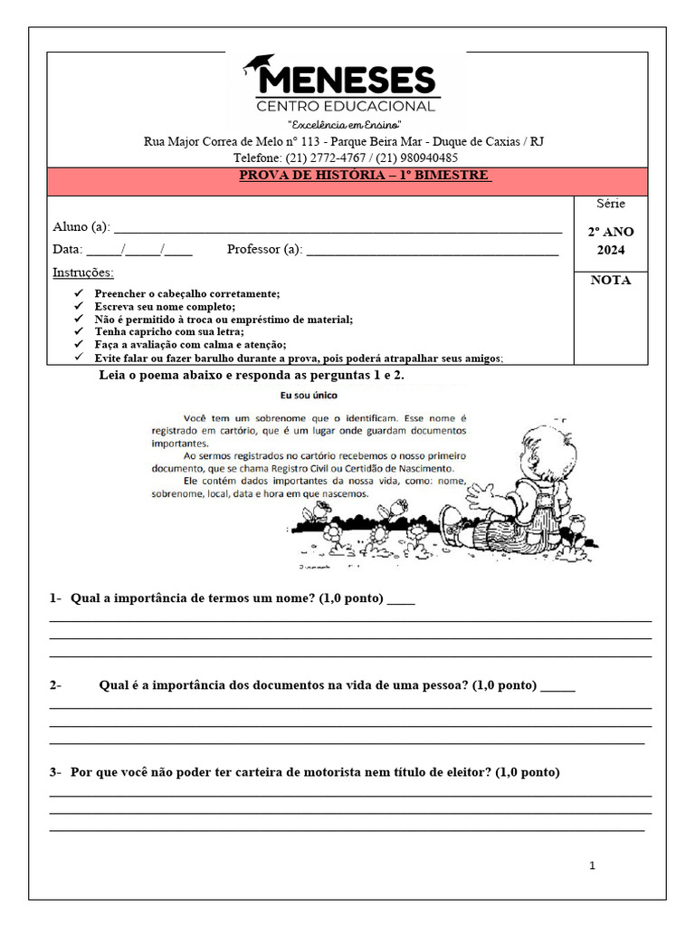 Prova de História 1º Bi 2024 | PDF