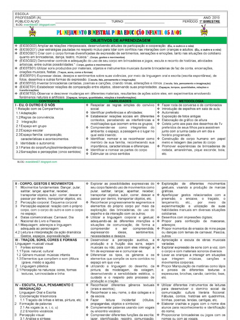 Planejamento Bimestral Educ Inf 05 Anos BNCC 1° Bim | PDF