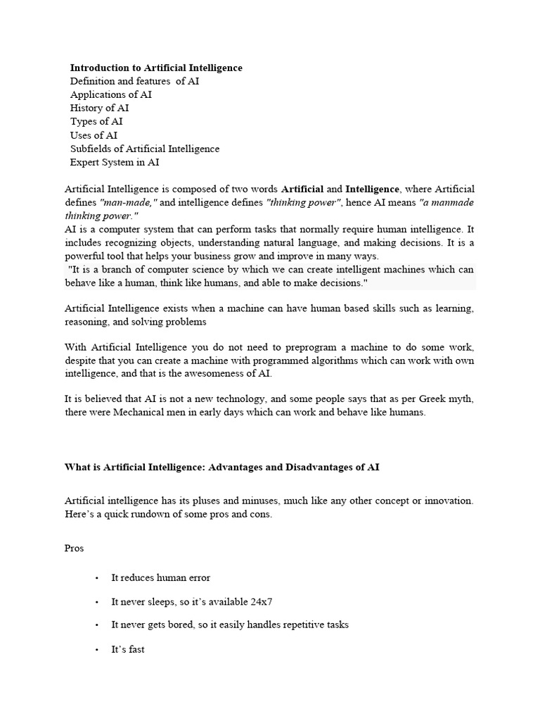 Introduction To Artificial Intelligence: Thinking Power." | Download Free PDF | Artificial ...