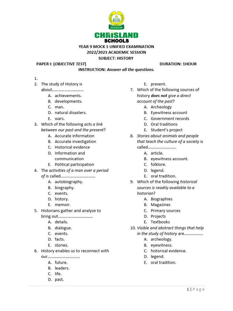 HISTORY Mock 2 Paper 1 2022-2023 | PDF
