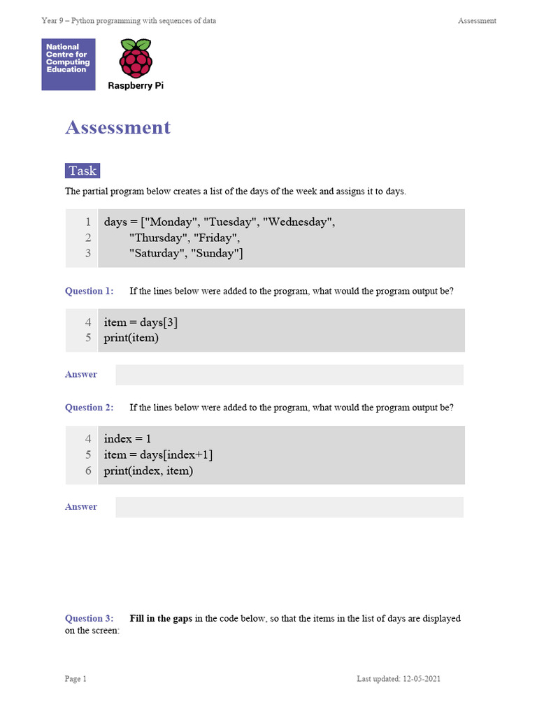 Computer Science Exam (Python Programming With Sequences of Data) | PDF ...