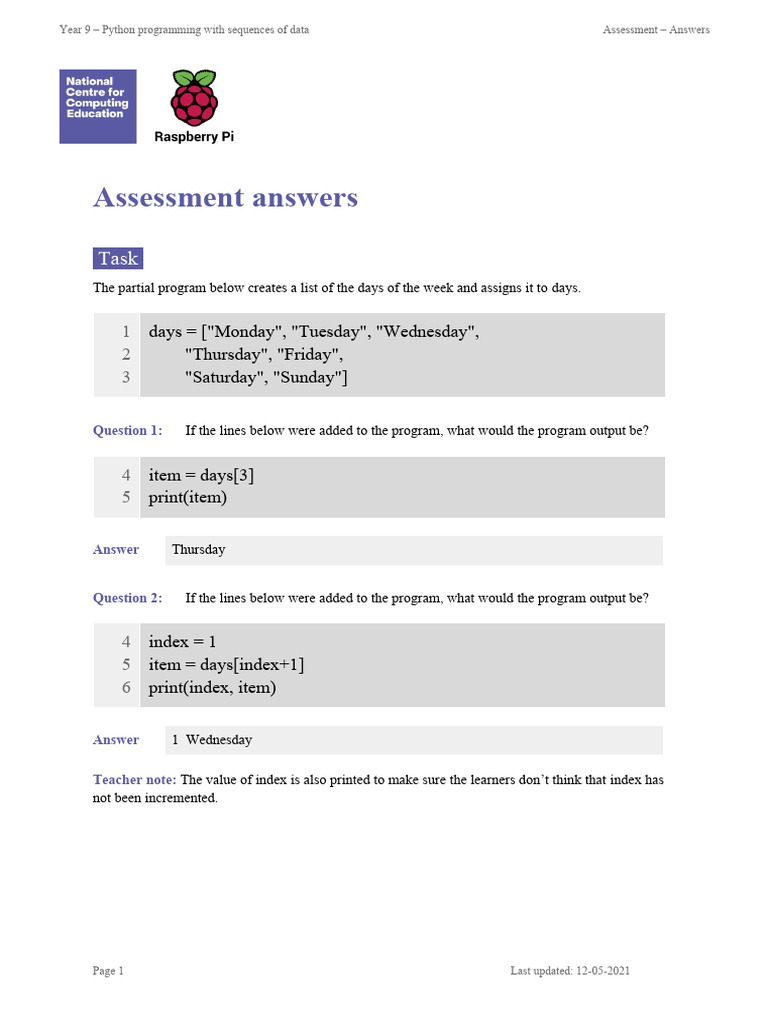 Computer Science Exam Answer (Python Programming With Sequences of Data ...