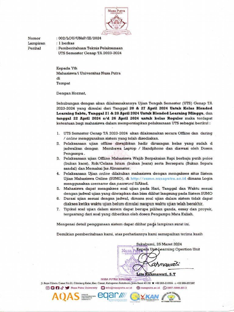 Pemberitahuan Teknis Pelaksanaan UTS Semester Genap TA 2023-2024 | PDF