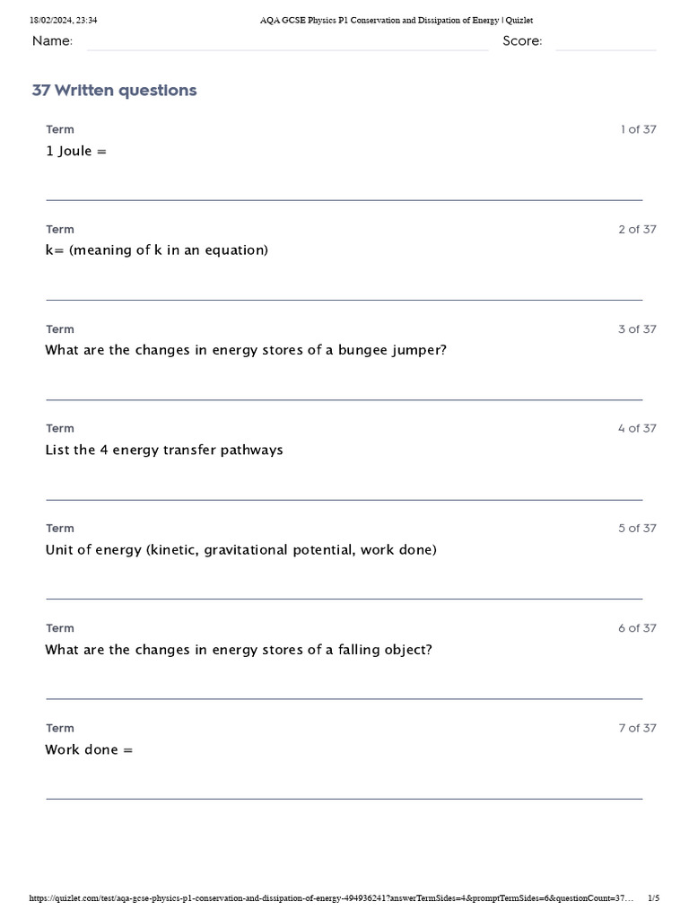 AQA GCSE Physics P1 Conservation and Dissipation of Energy - Quizlet ...