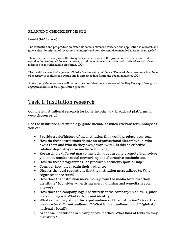 Mest 2 Planning Checklist | PDF | Target Audience | Mass Media