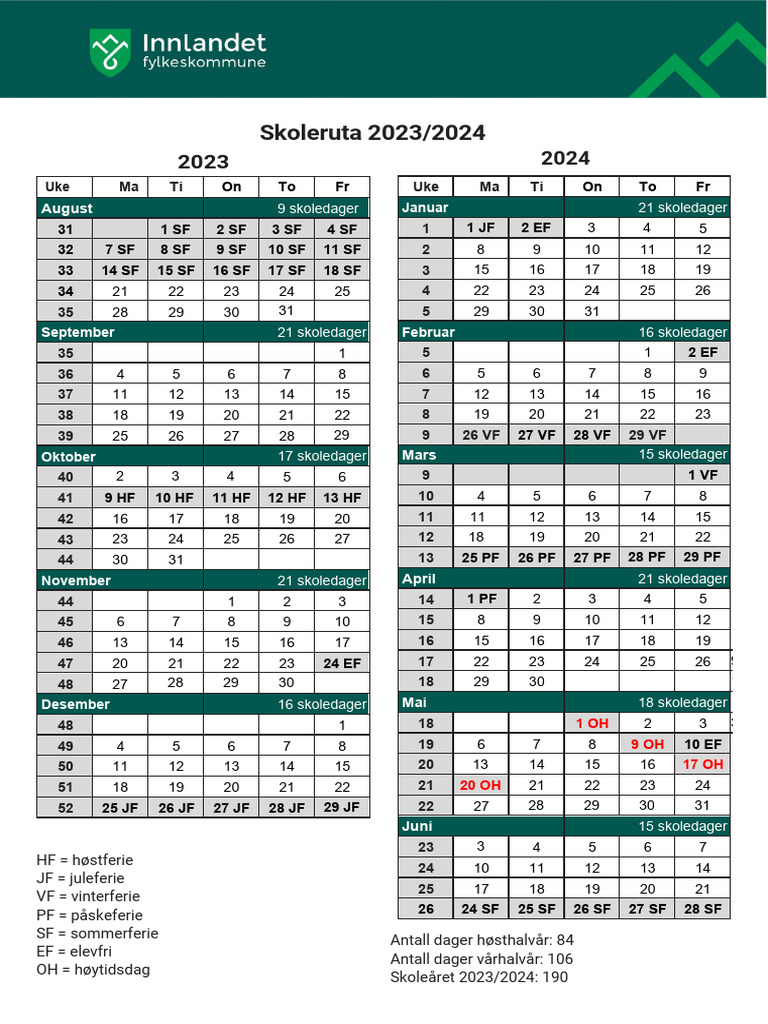 Skolerute Innlandet 2023-2024 | PDF