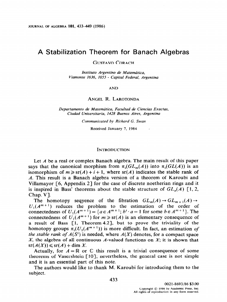 08 A Stabilization Theorem For Banach Algebras J. Algebra 101 (1986 ...