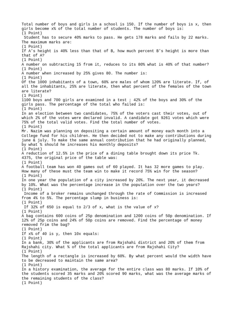 Math Problems on Percentages and Ratios | PDF | Percentage | Money