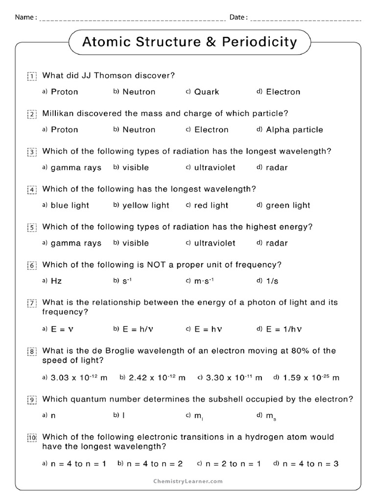 Atomic Structure and Periodicity Worksheet With Answers | PDF