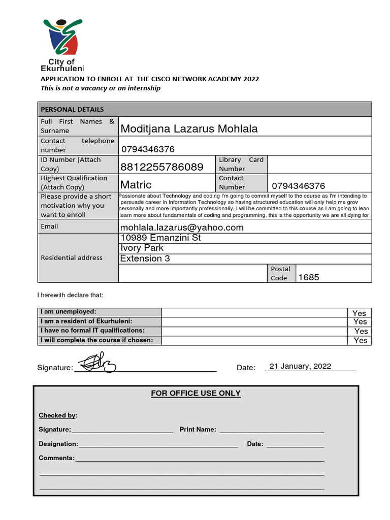 Enrollment Application for Cisco Academy 2022 | PDF | Computing