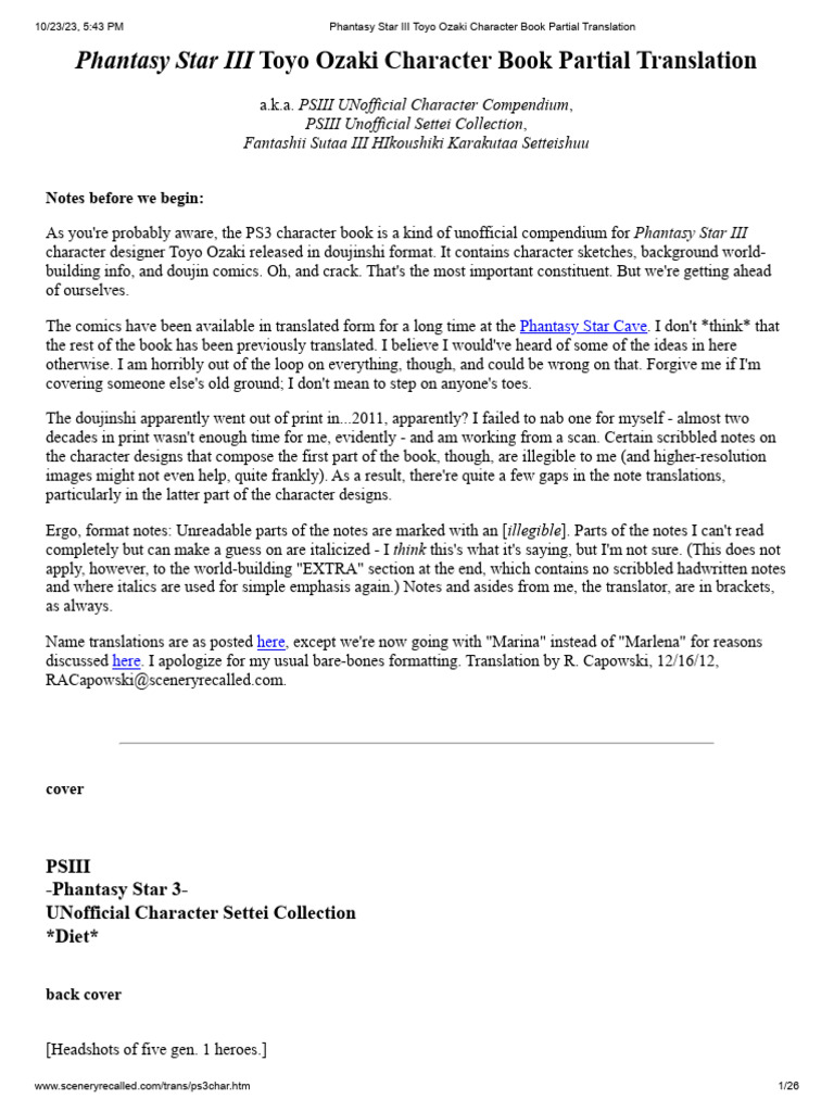 Phantasy Star III Toyo Ozaki Character Book Partial Translation | PDF