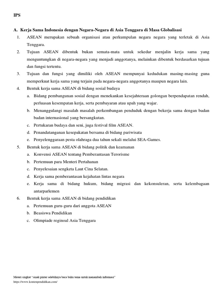 Rangkuman Materi Tema 4 (IPS - Kerjasama Negara ASEAN) | PDF