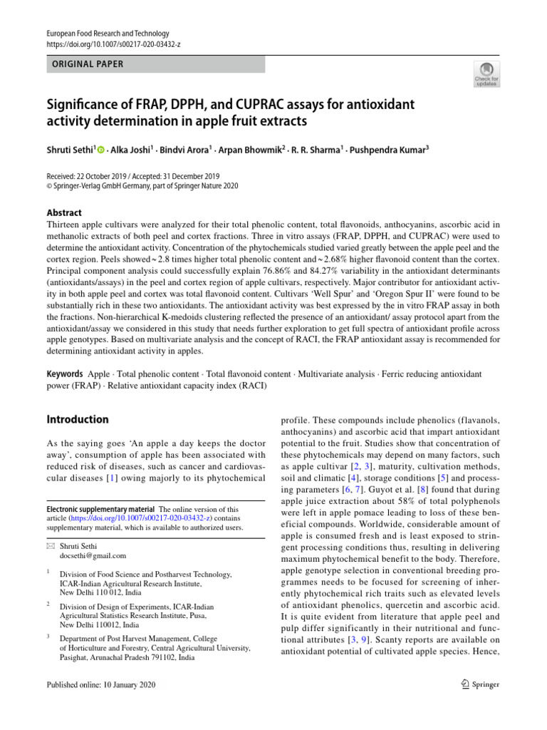 Significance of FRAP, DPPH, and CUPRAC Assays For Antioxidant Activity ...
