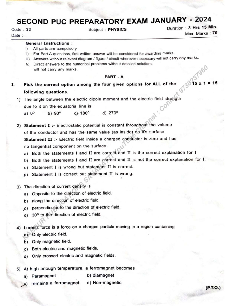 PUC 2 PHYSICS ALL District Prep Exam | PDF