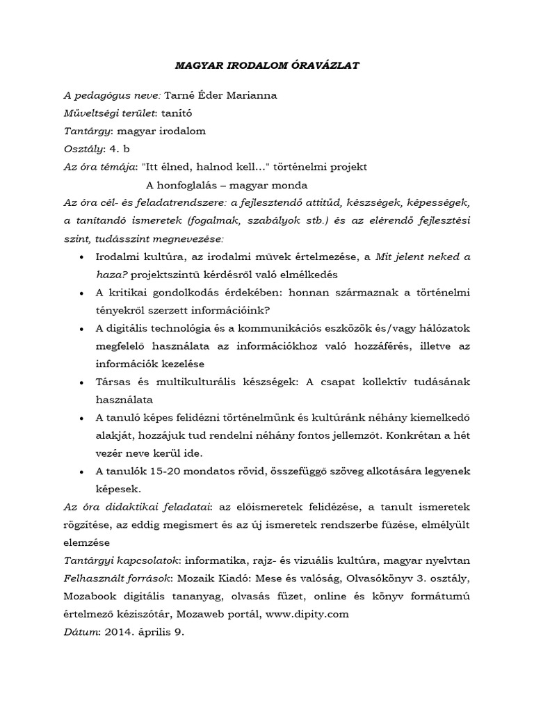 MAGYAR IRODALOM ÓRAVÁZLAT A Honfoglalás Magyar Monda | PDF