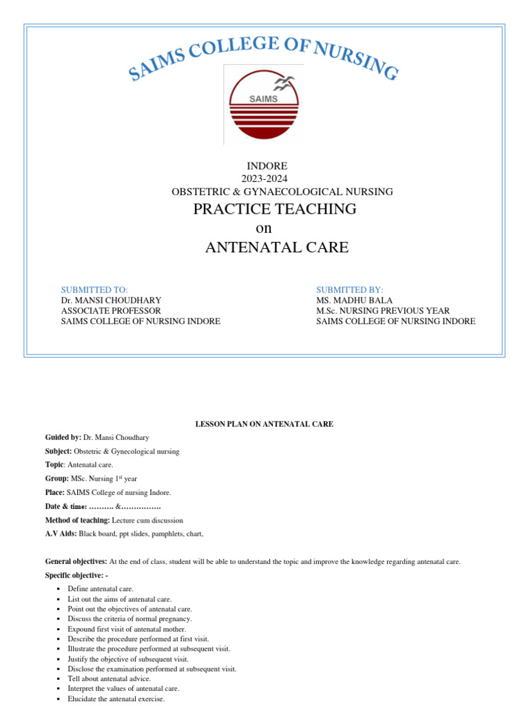 Antenatal Care Lesson Plan Overview | PDF | Pregnancy | Obstetrics