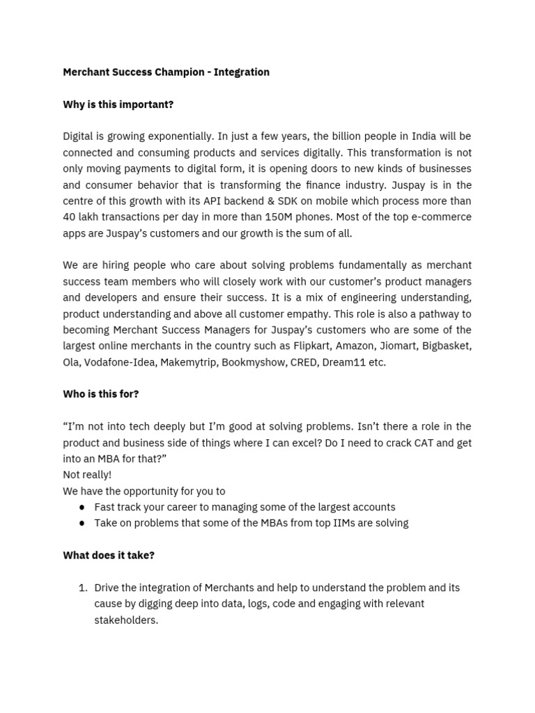 Merchant Success Champion Role at Juspay | PDF