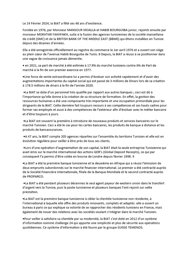 BIAT : 48 ans d'innovation bancaire en Tunisie | PDF | Banques | Économie