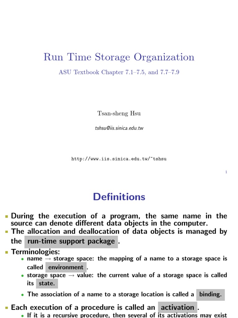 Run Time Storage Organization: ASU Textbook Chapter 7.1-7.5, and 7.7-7.9 | PDF | Subroutine ...