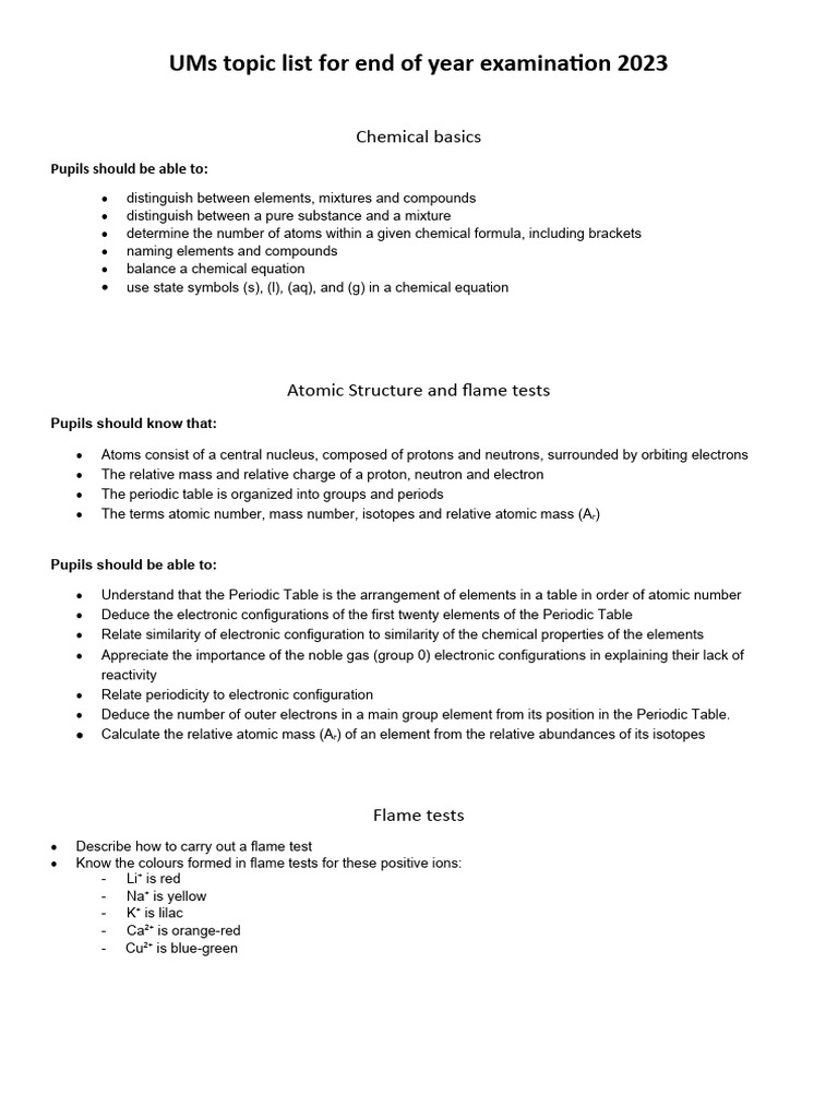 Chemistry Exam Topics 2023 | PDF | Ion | Ionic Bonding