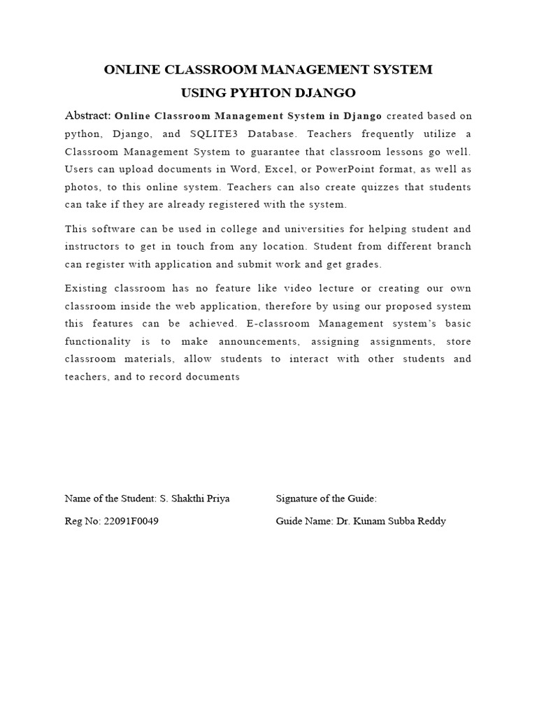 ONLINE CLASSROOM MANAGEMENT SYSTEM Abstract | PDF