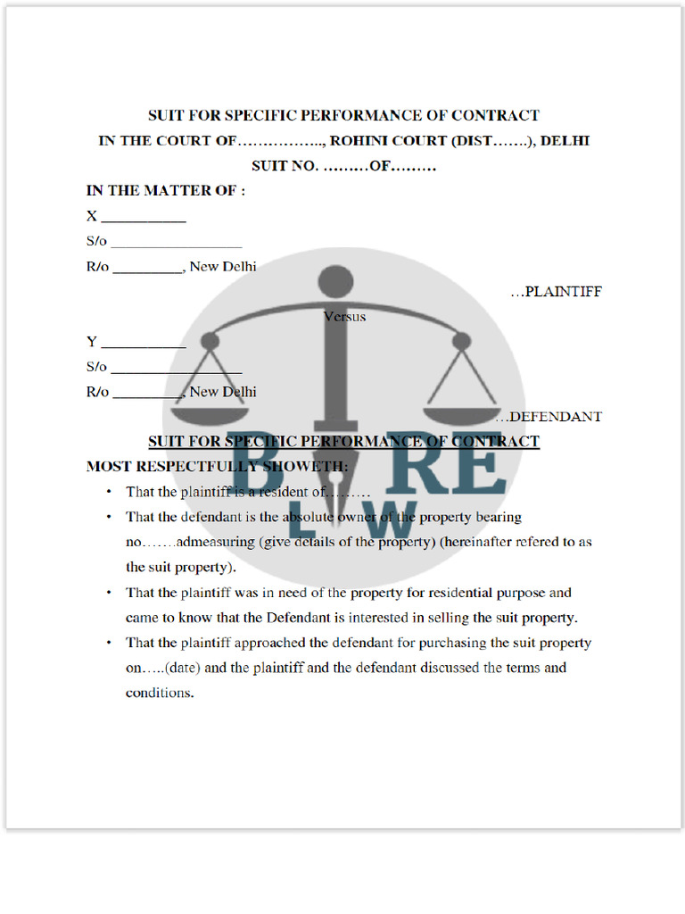 Draft of Suit For Specific Performance of Contract - BareLaw | PDF