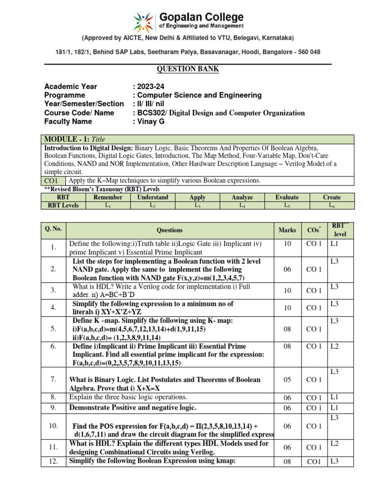 Digital Design & Computer Org. Question Bank | PDF | Cpu Cache ...
