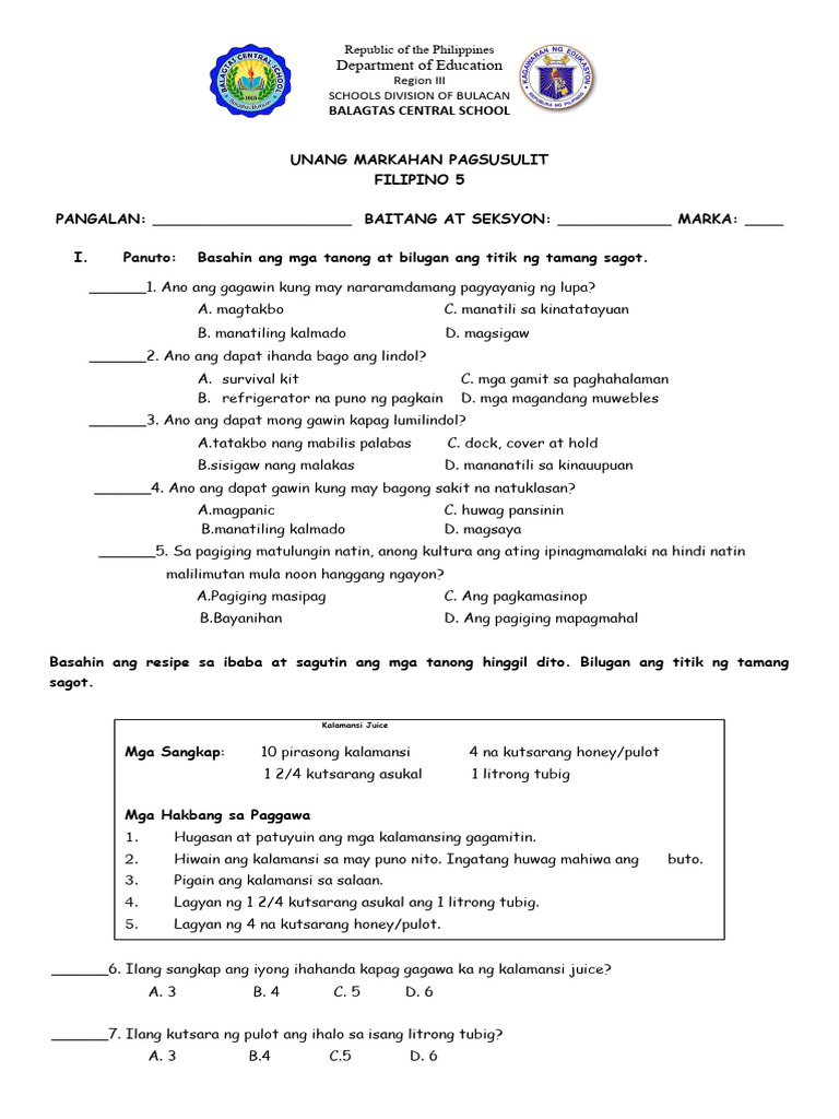 1ST Periodical Test Filipino Q1 | PDF