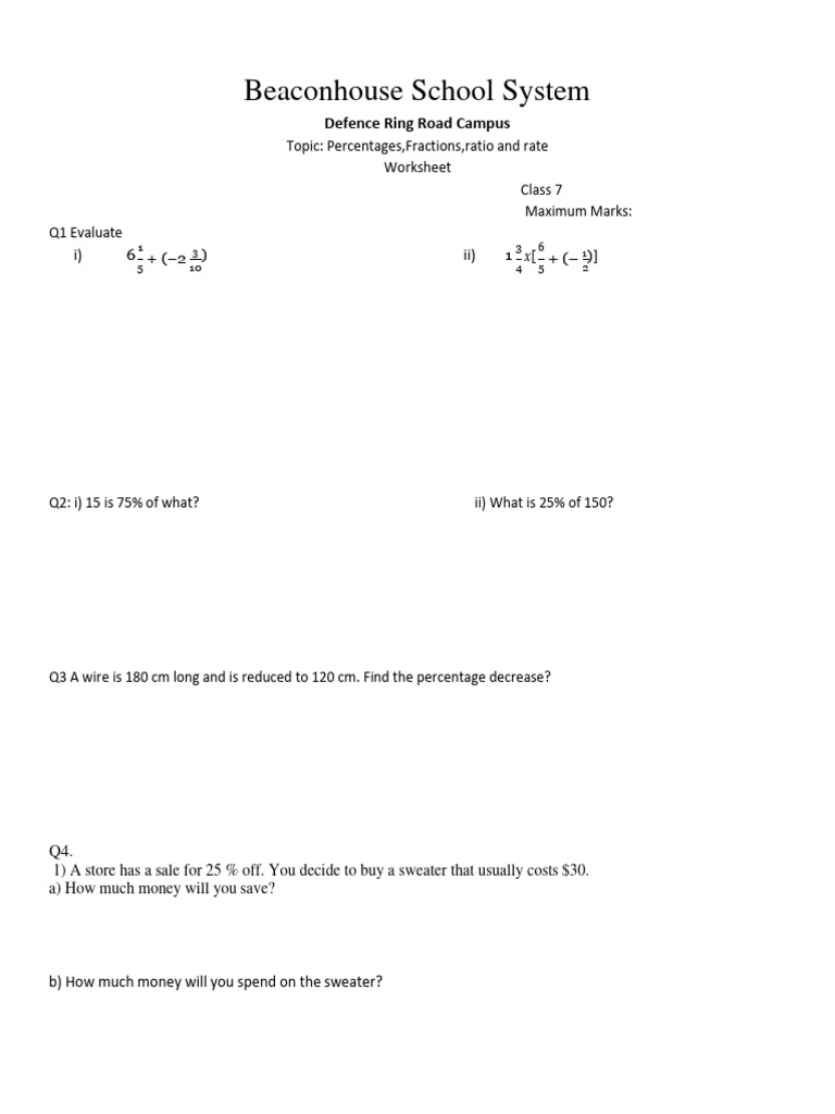Percentages and Fractions Worksheet 2.-1 | PDF | Teaching Methods ...