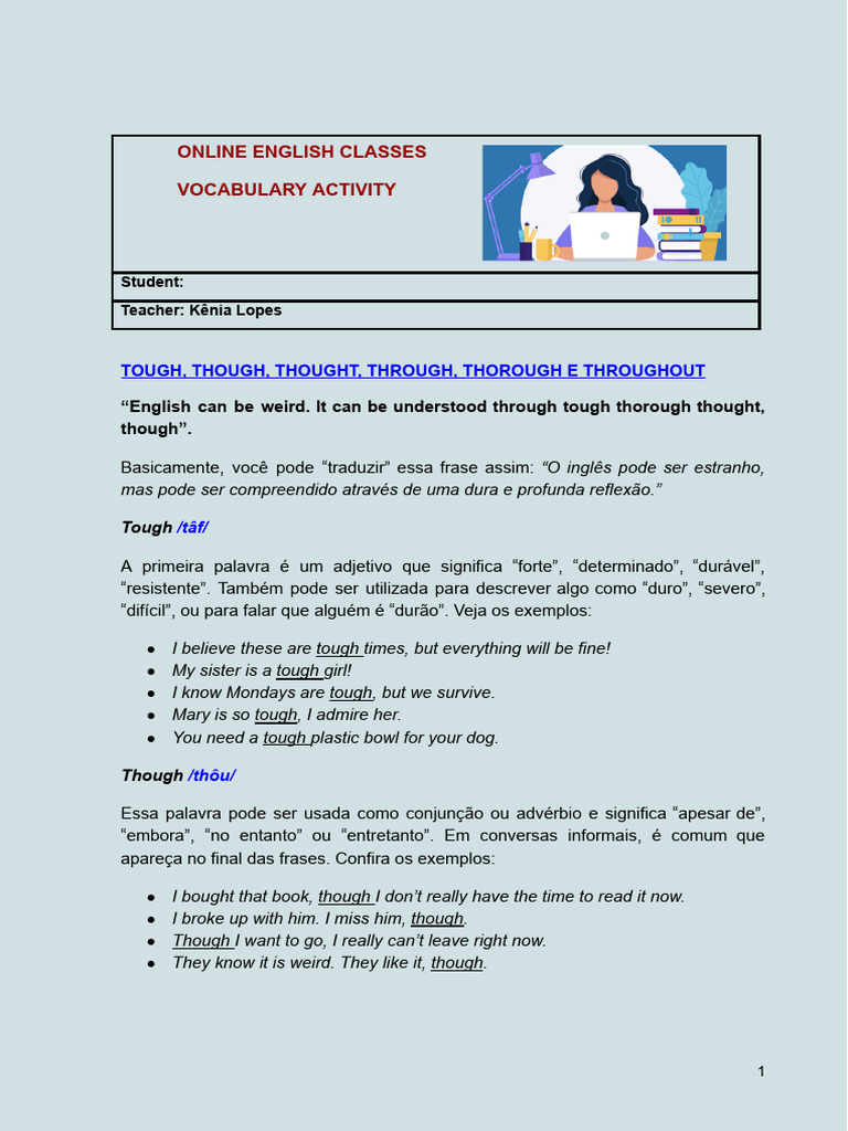Tough, Though, Thought, Through, Thorough e Throughout | PDF | Mecânica da linguagem | Tipologia ...