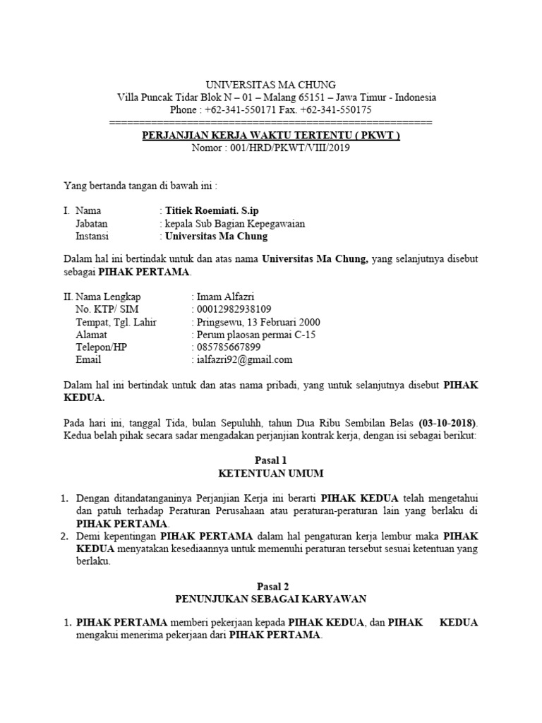 Surat Perjanjian Kerja Waktu Tertentu Pkwt 2f Kontrak Pdf
