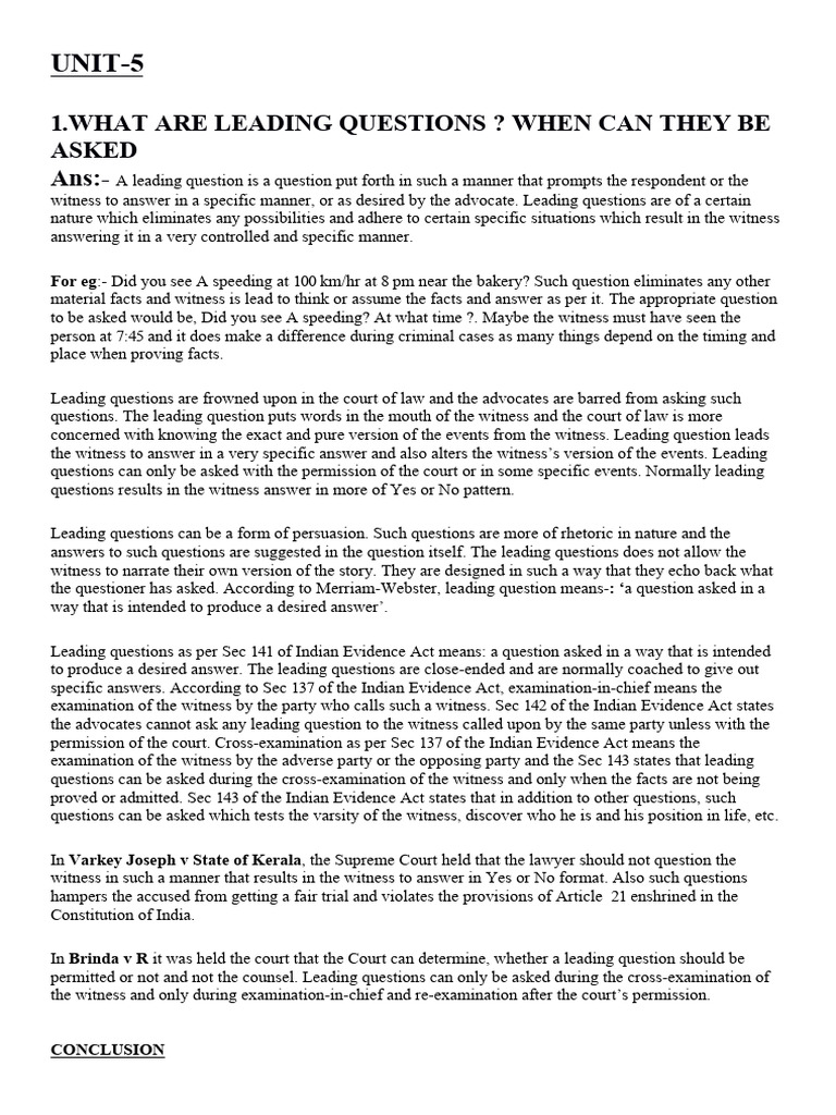 Law of Evidence Unit 5 | PDF | Witness Impeachment | Witness