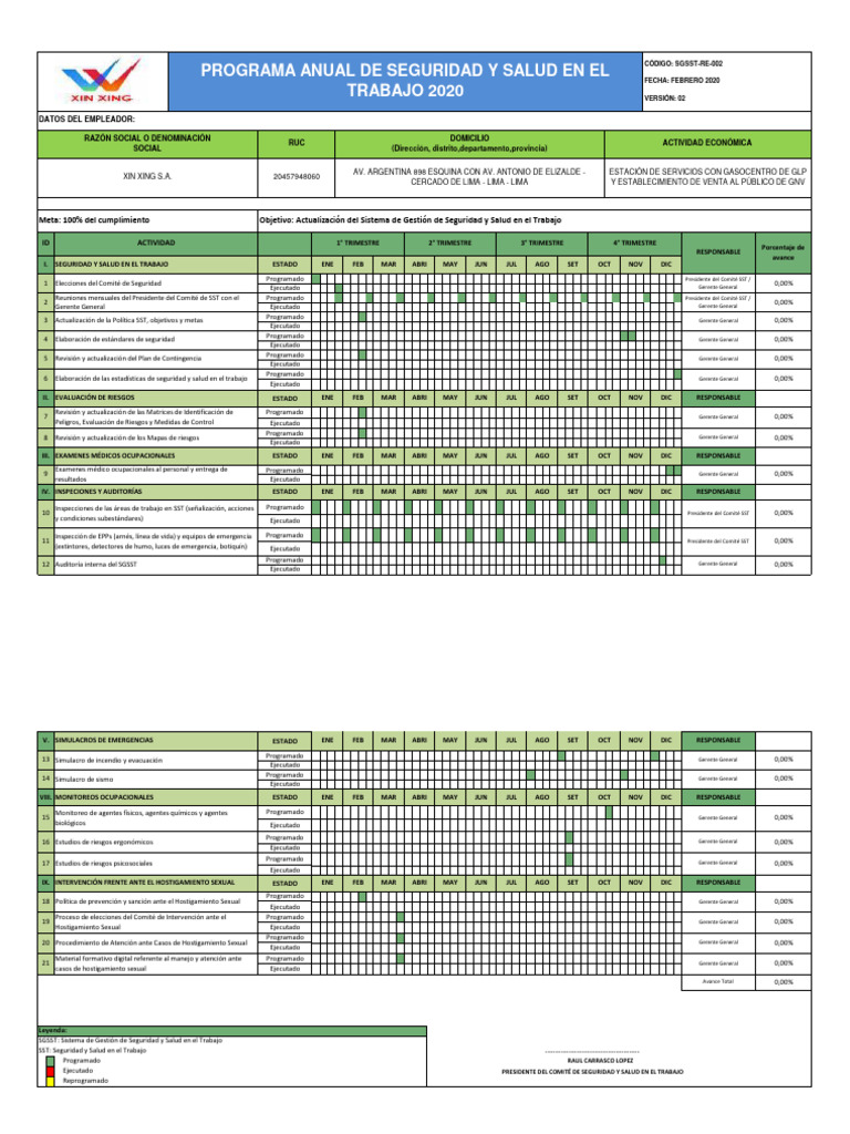 Programa Anual de Seguridad y Salud en El Trabajo 2020 XIN XING | PDF
