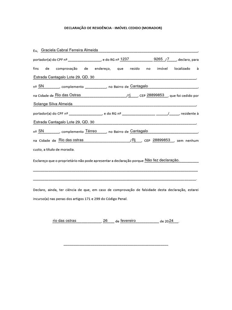 Declaracao de Residencia - Imovel Cedido (Morador) | PDF