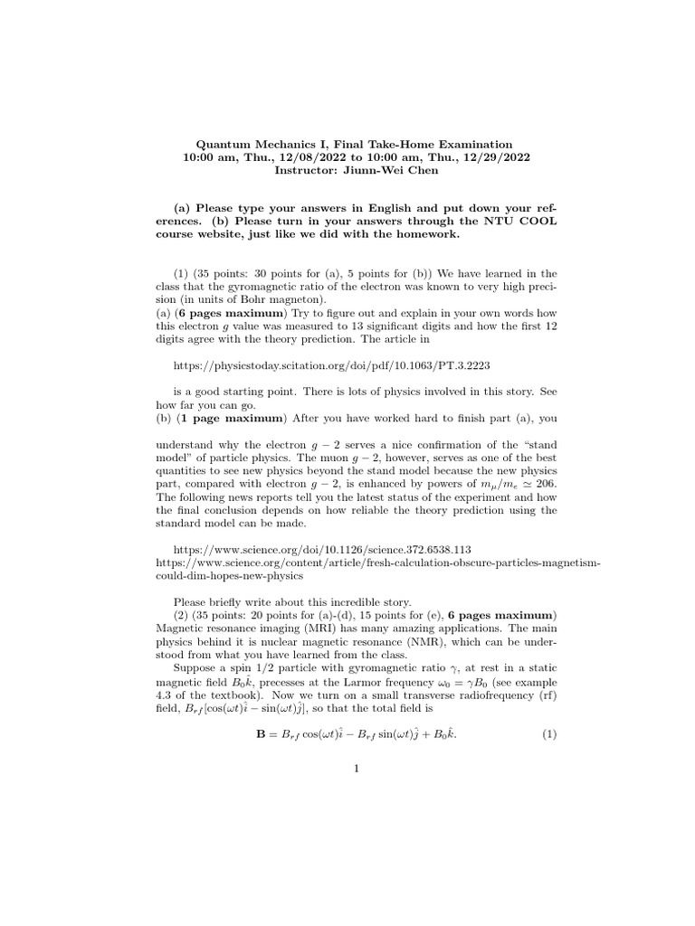 QM Fall 2022 Final-2 | PDF | Physics | Particle Physics