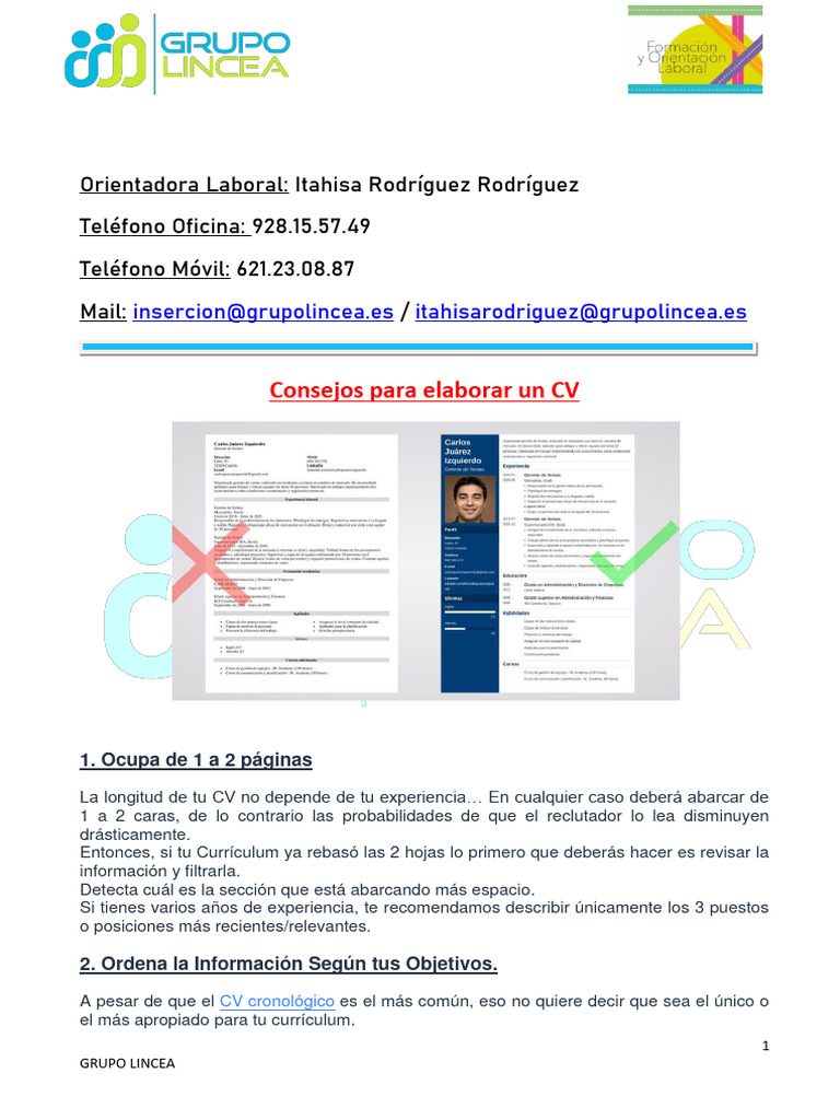 Orientacion Laboral - Crea Tu CV - Grupo Lincea | Descargar gratis PDF ...