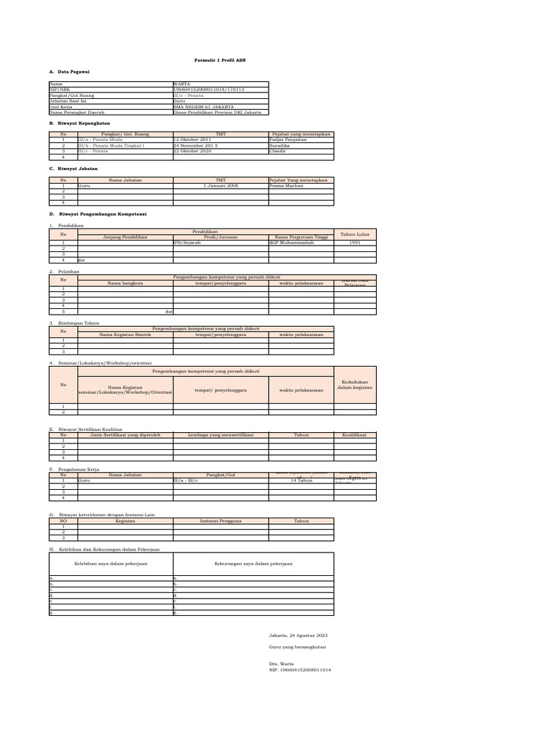 Form Profil Asn | PDF