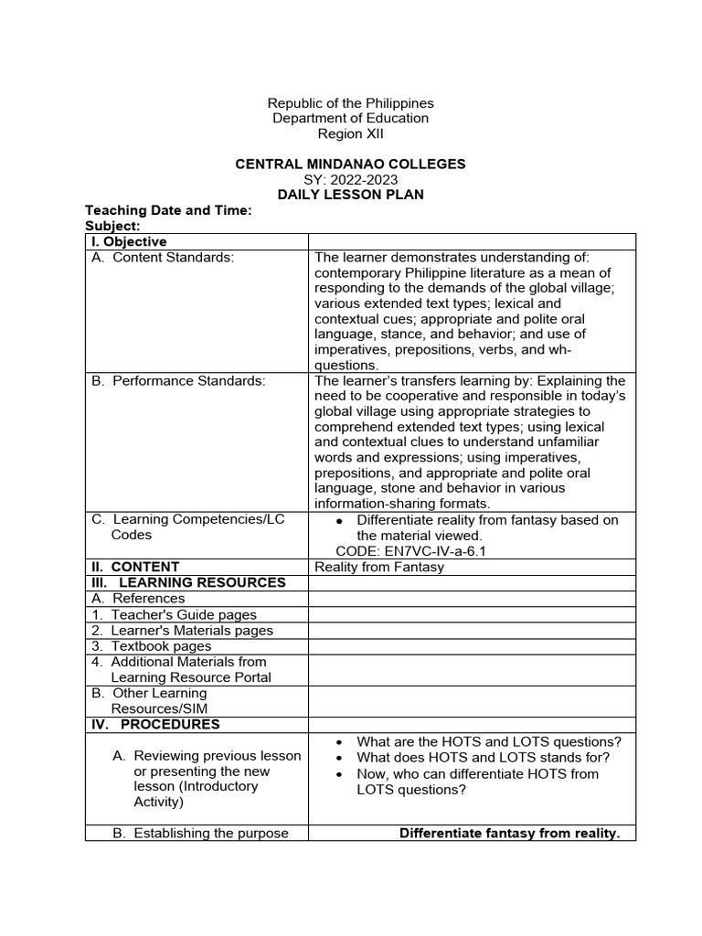 Central Mindanao Colleges Daily Lesson Plan Teaching Date and Time ...