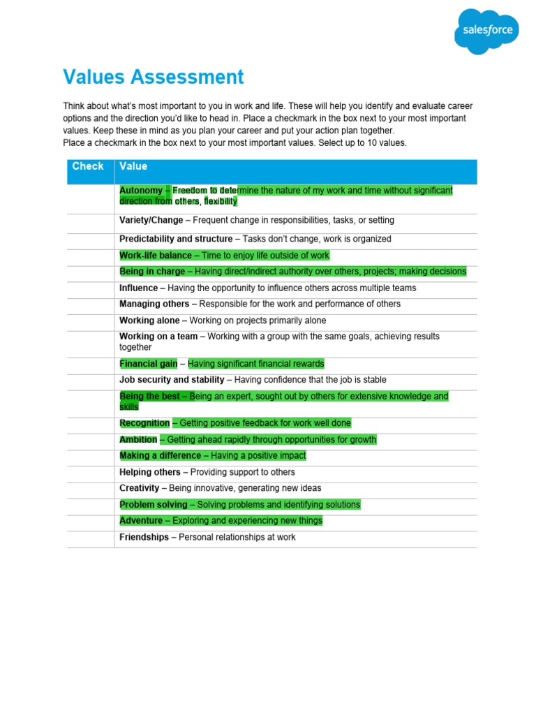 Career Values and Skills Assessment Guide | PDF | Cognition | Social ...