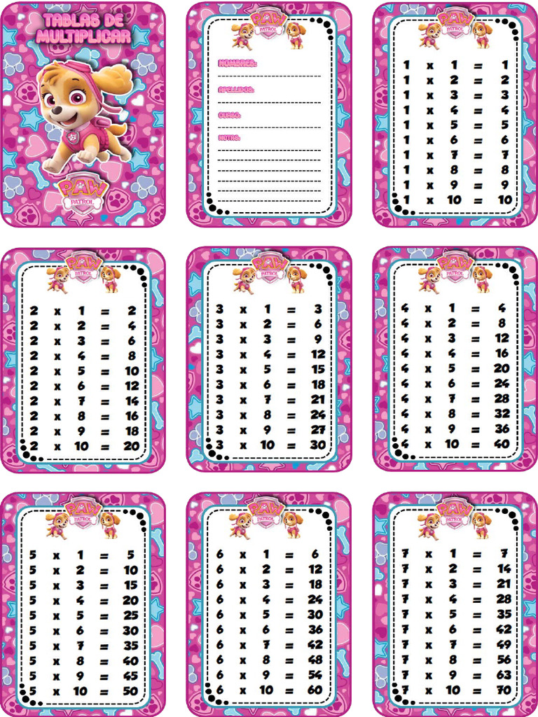 Tablas de Multiplicas Paw Patrol Sky | PDF
