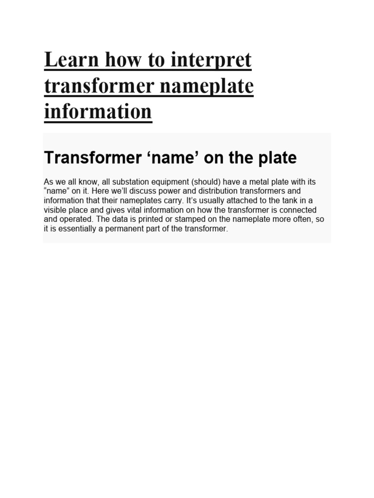 Understanding Transformer Nameplate Data | PDF | Transformer ...