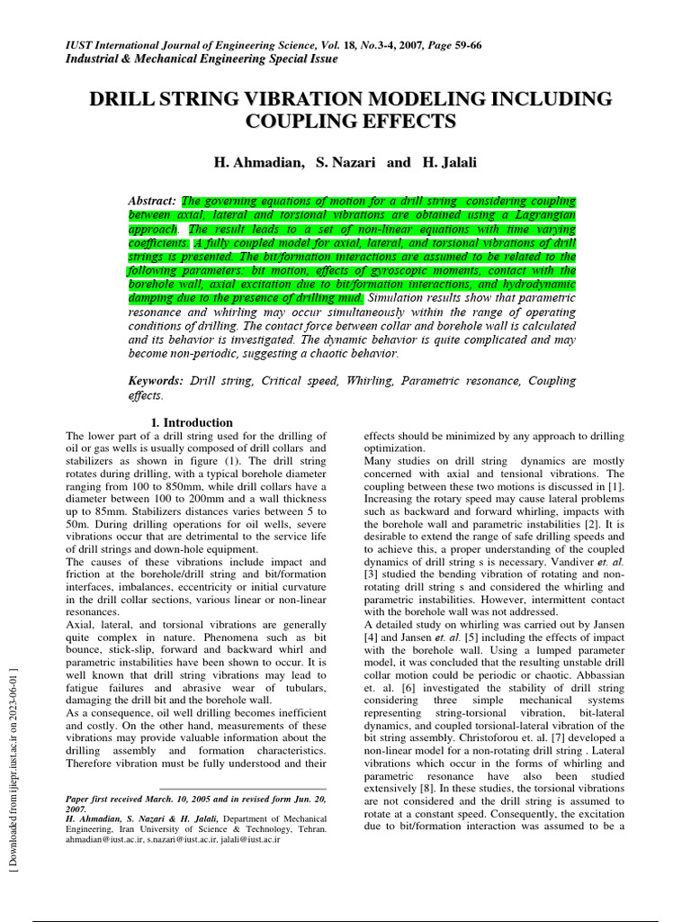 02.drill String Vibration Modeling Including Coupling Effects | PDF ...