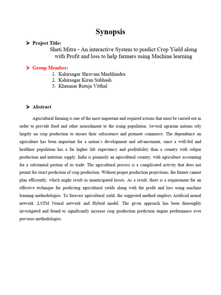 Sheti Mitra Project Final Synopsis | PDF | Agriculture | Artificial Neural Network