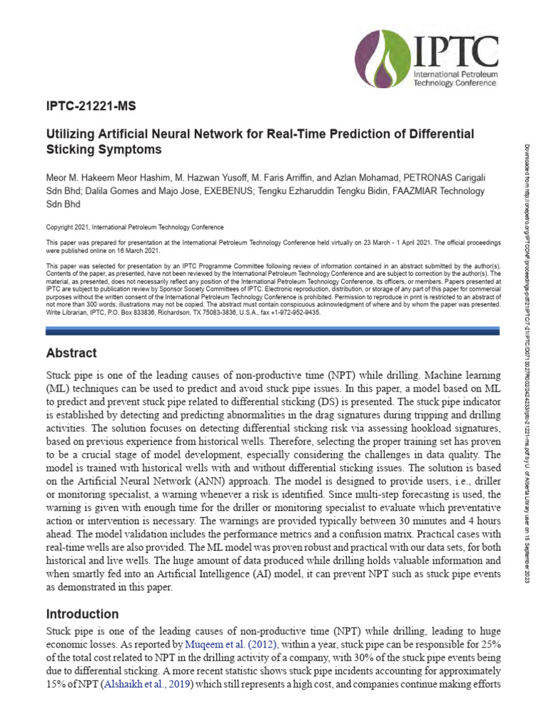 2021 Utilizing Artificial Neural Network For Real Time Prediction Of Differentialsticking