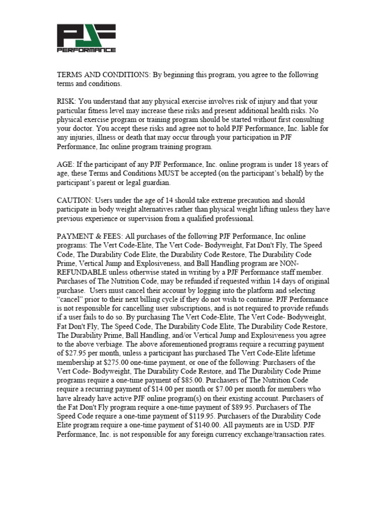 2021 PJF Complete Terms and Conditions Agreement | PDF | Pain ...