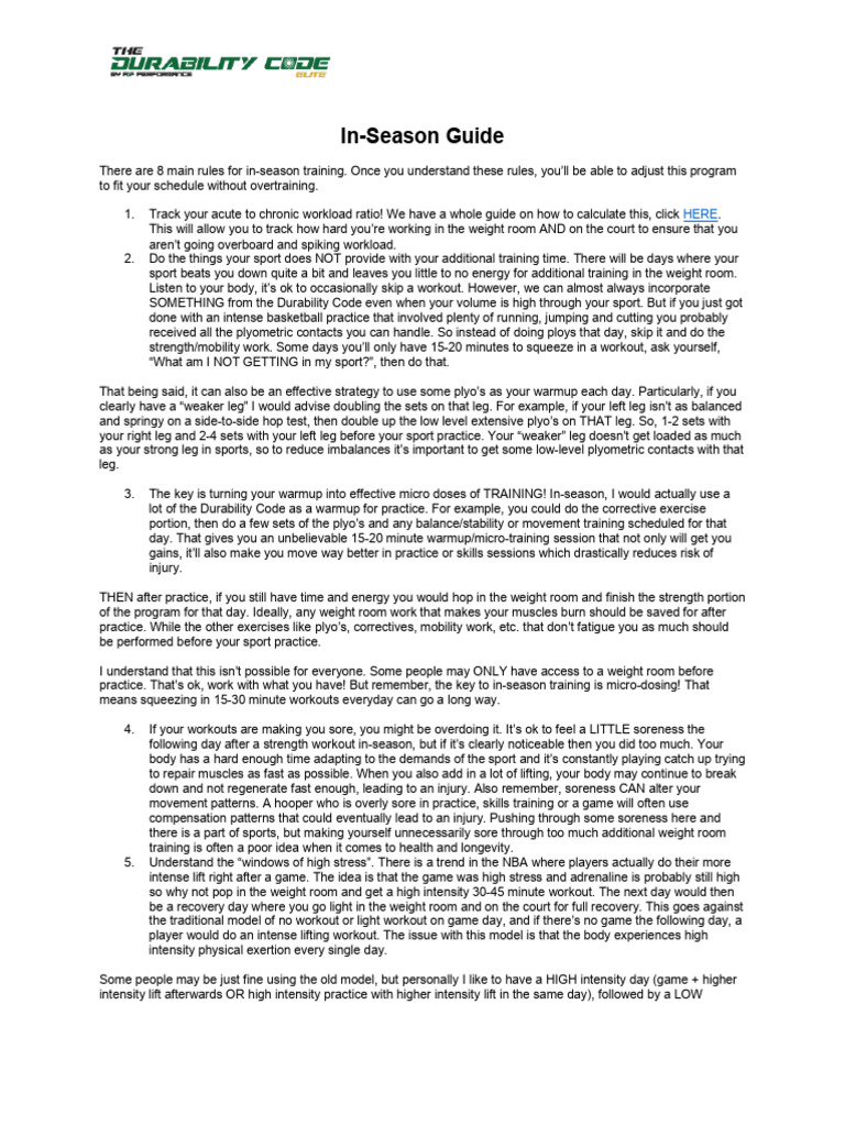 In-Season Guide Durability Code | PDF | Strength Training | Physical ...